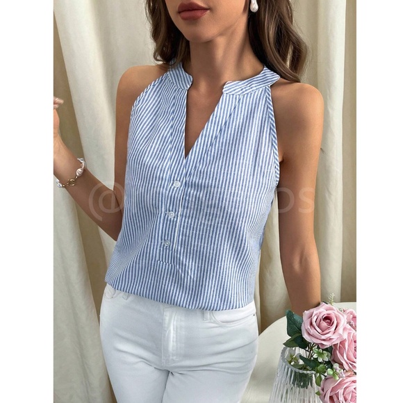 Rouge! | Tops | Striped Blue White Vneck Button Detail Sleeveless ...